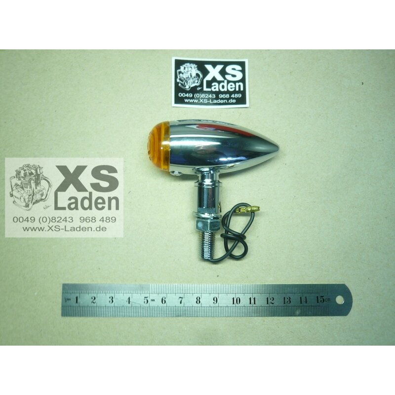 Blinker Mini-Bullet-Light, Alu-chrom, gelbes Glas, D=35mm, E-geprüft